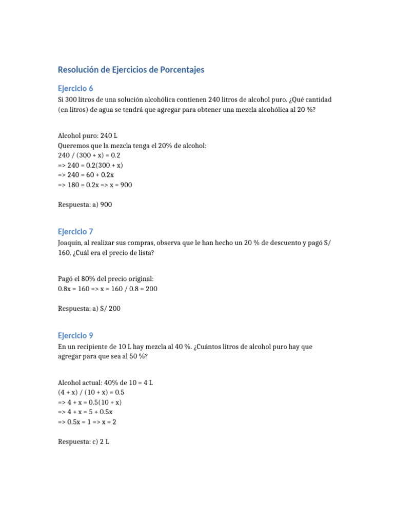 Resolucion Ejercicios Porcentajes | PDF