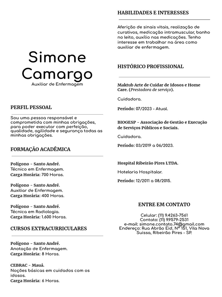 CV Simone Lopes de Camargo Auxiliar de Enfermagem | PDF
