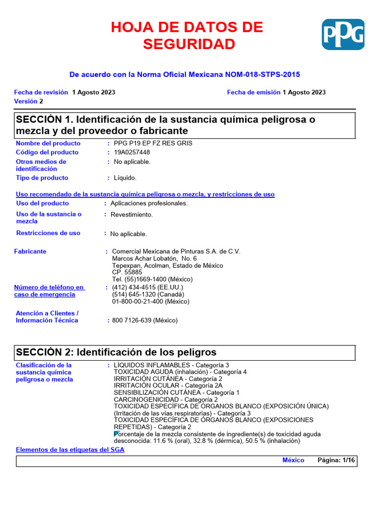Hoja de Seguridad PPG P19 EP FZ RES GRIS | PDF