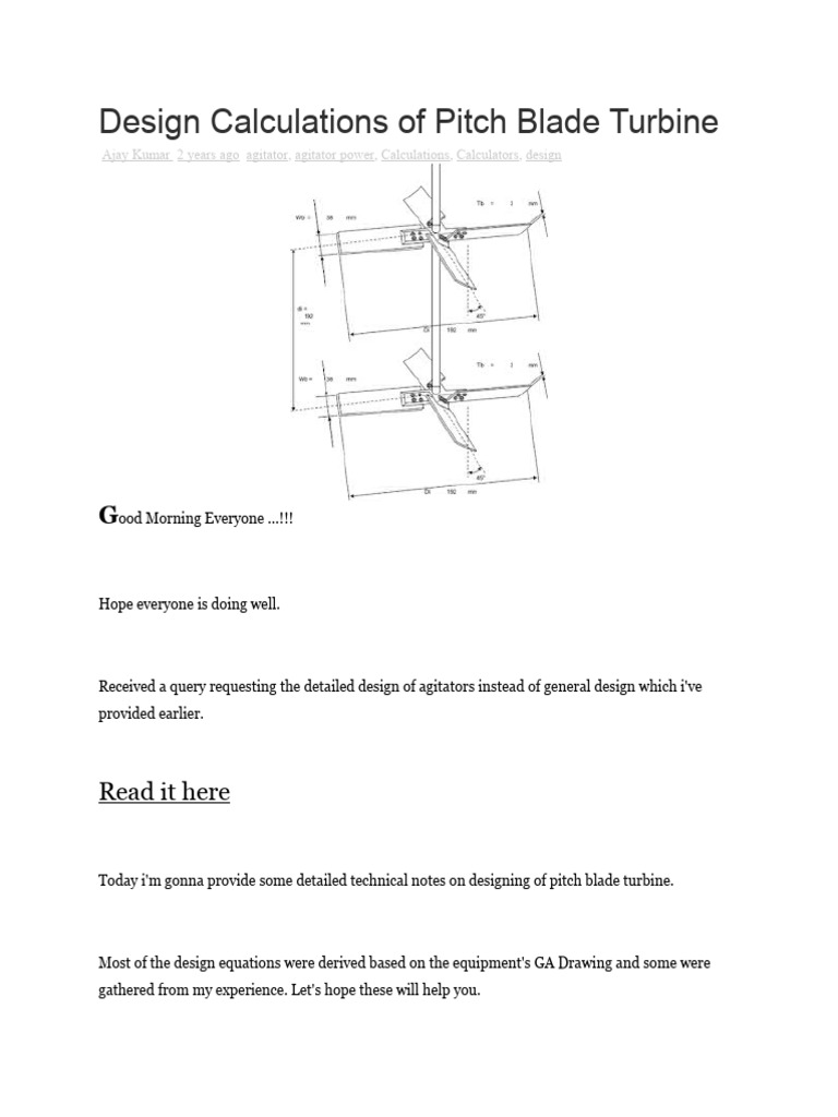 Design Calculations of Pitch Blade Turbine | PDF | Turbine | Chemical ...