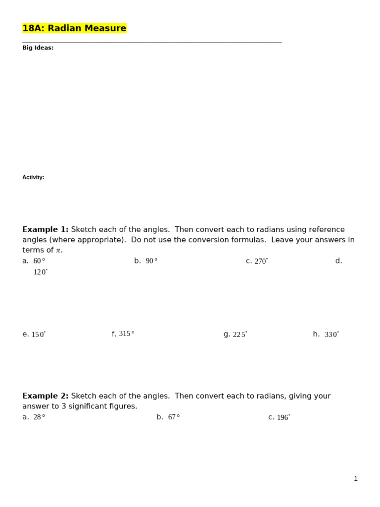 18A: Radian Measure: Example 1 | PDF
