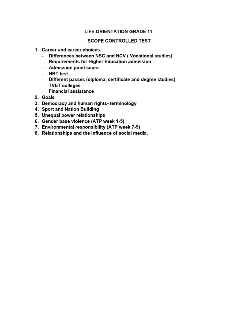 Grade 11 Life Orientation Test Scope 2025 | PDF