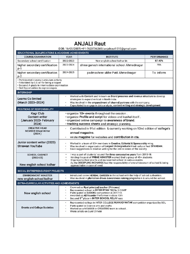 Anjali’s Resume 1 | PDF