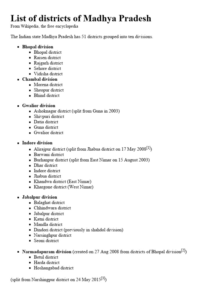 List of Districts of Madhya Pradesh - Wikipedia, The Free Encyclopedia ...