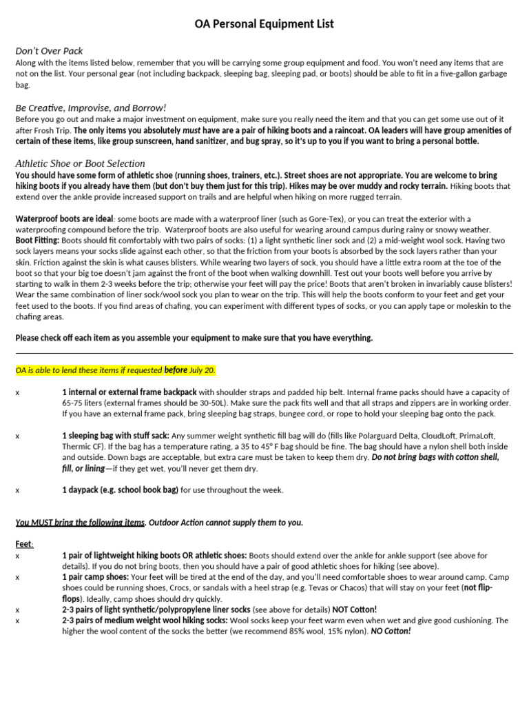 Essential OA Equipment Checklist | PDF | Shoe | Sock