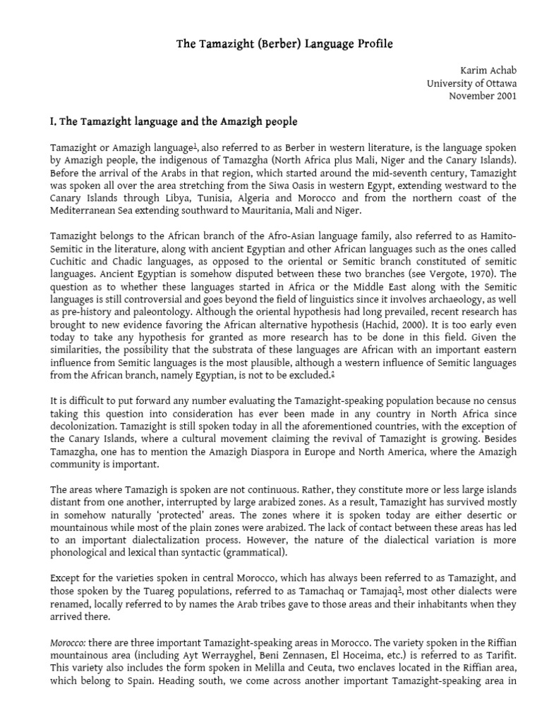 The Tamazight Berber Language Profile | PDF | Grammatical Gender | Berbers