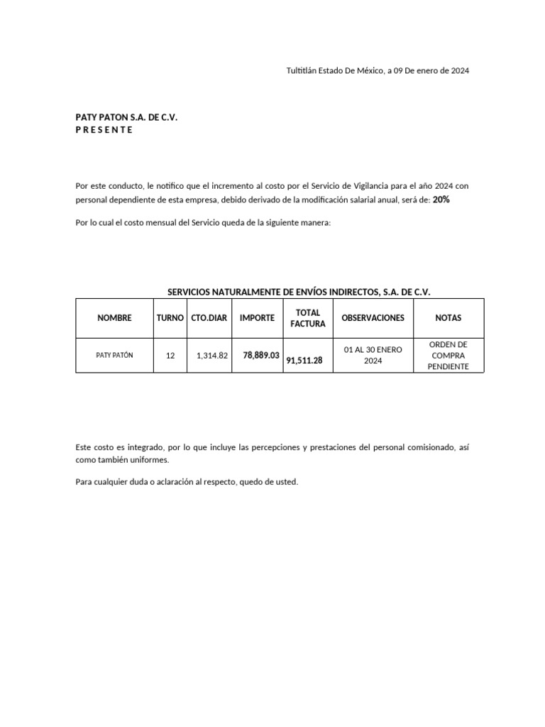 Carta de Incremento | PDF