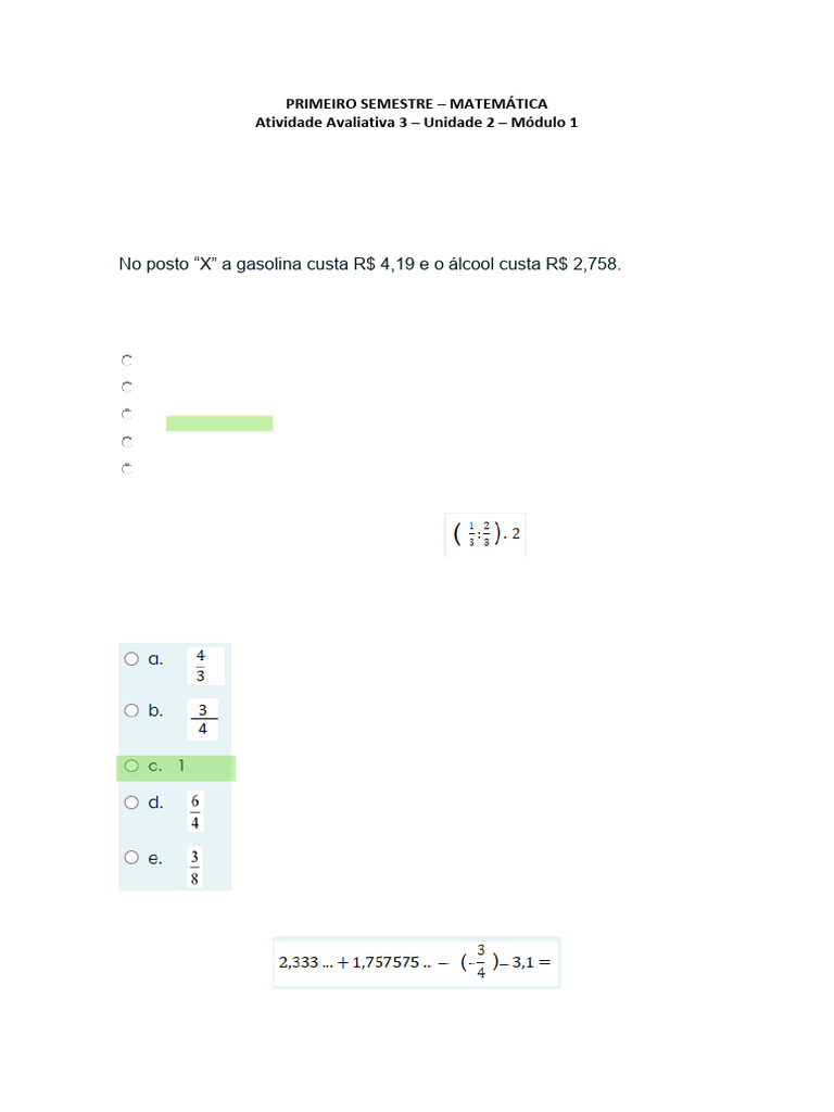 Atividade Avaliativa 3 - 1º Semestre - Mód 1 Unidade Gabarito | PDF