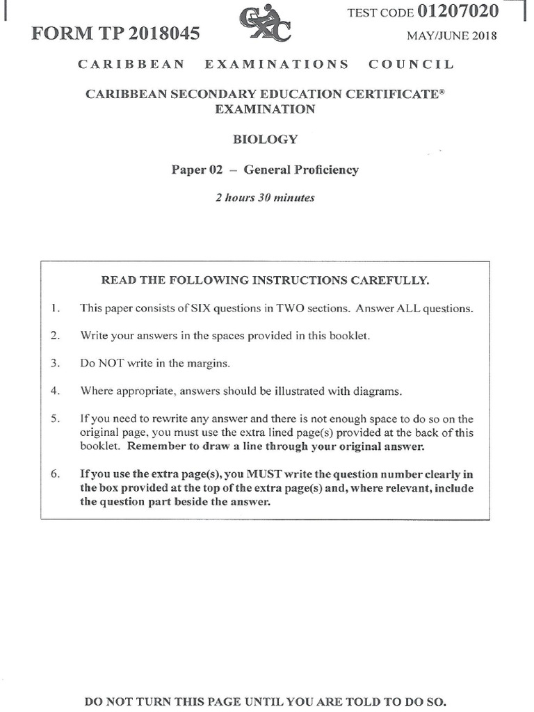 CSEC Bio 2018 June Paper 2 | PDF