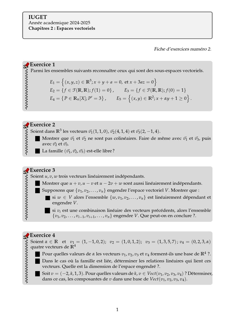 Exercices sur les Espaces Vectoriels | PDF | Base (algèbre linéaire ...