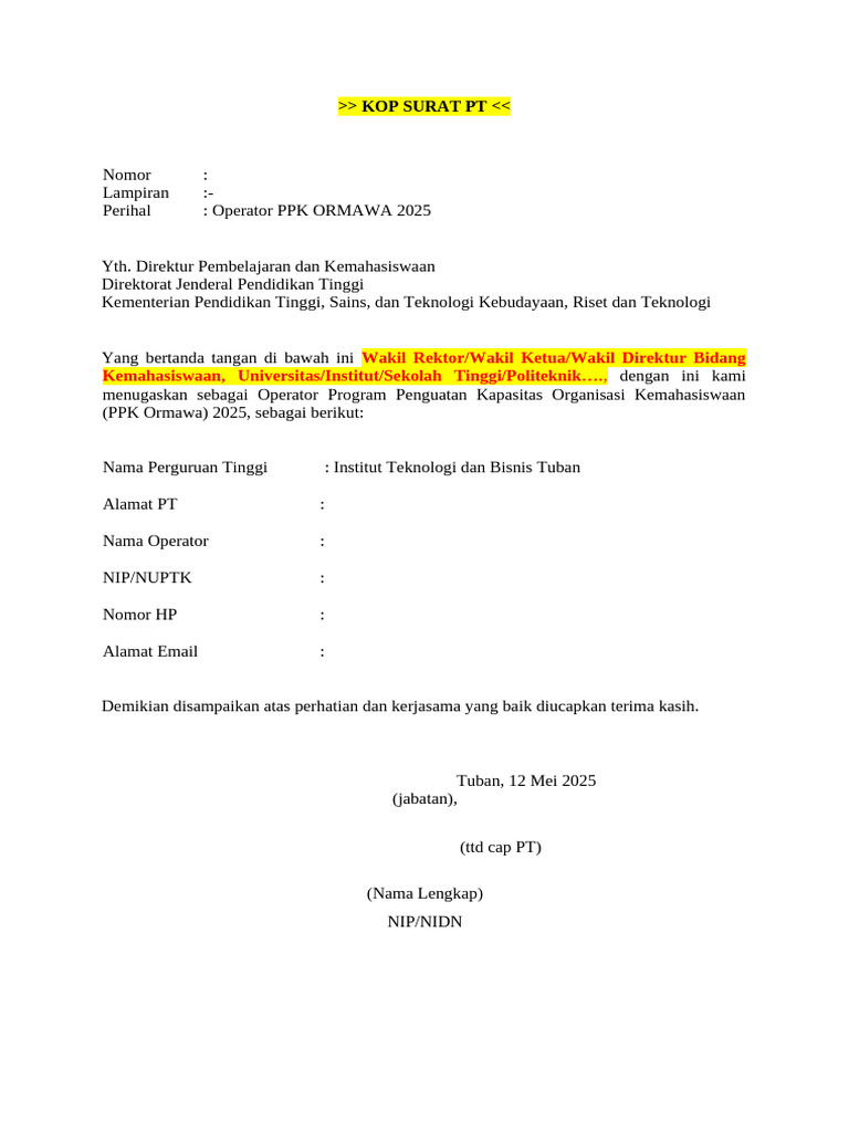 Surat Permohonan Akun Operator PPK Ormawa 2025 | PDF