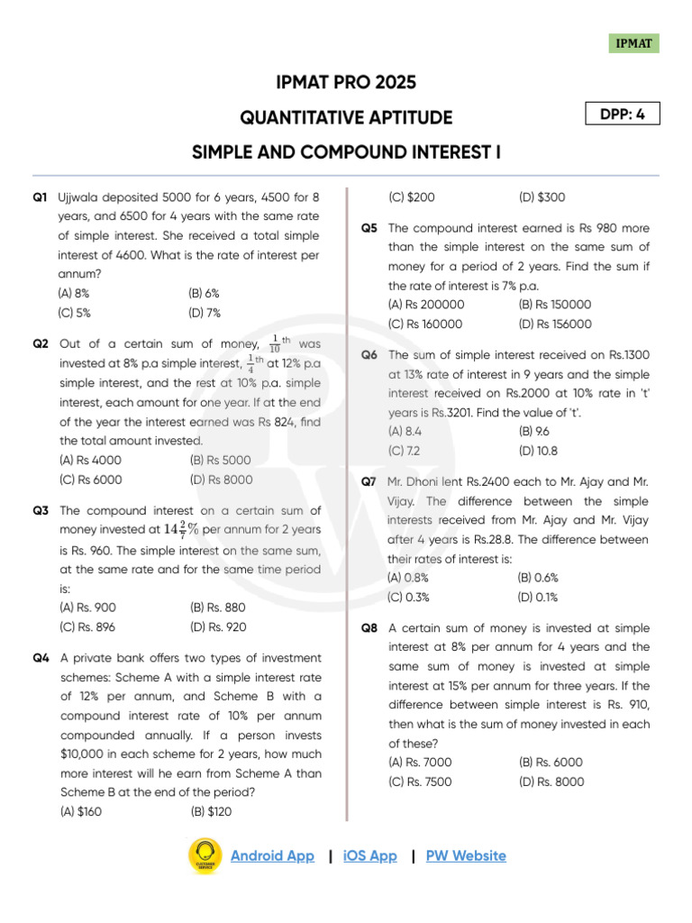 Arithmetic - DPP 04 - IPMAT Pro 2025 | PDF | Interest | Compound Interest