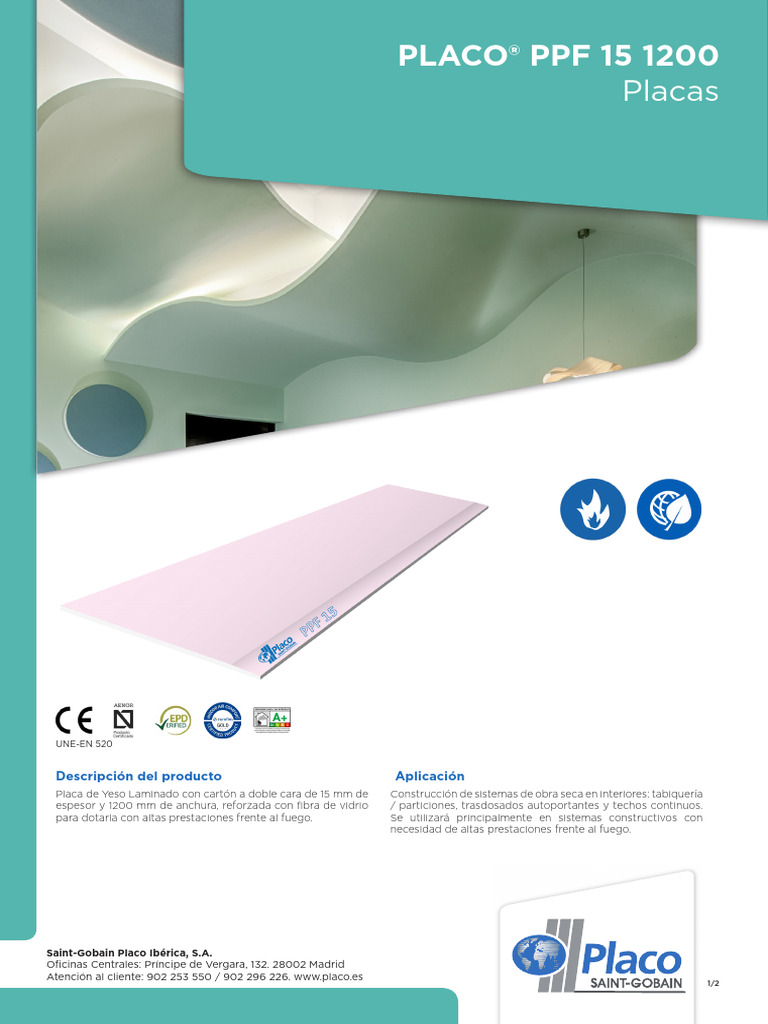 Ficha Tecnica Placa Fuego PPF 15 Placo | PDF | Paneles de yeso | Ingeniería de Edificación