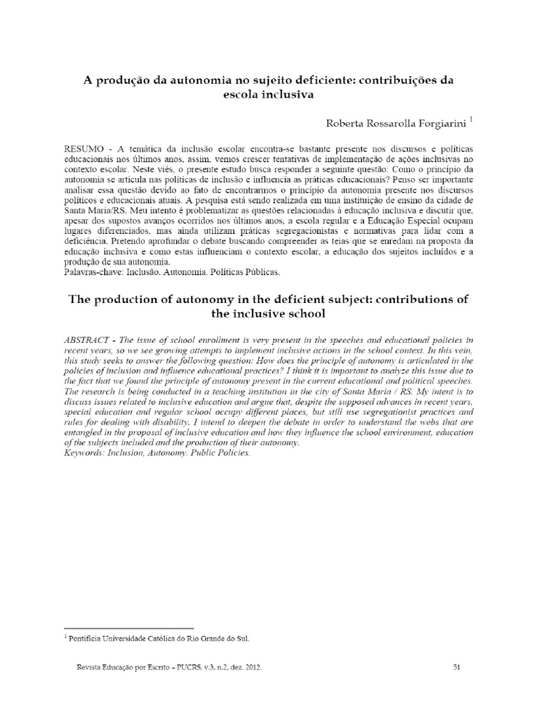 Vista Do A Produção Da Autonomia No Sujeito Deficiente - Contribuições ...