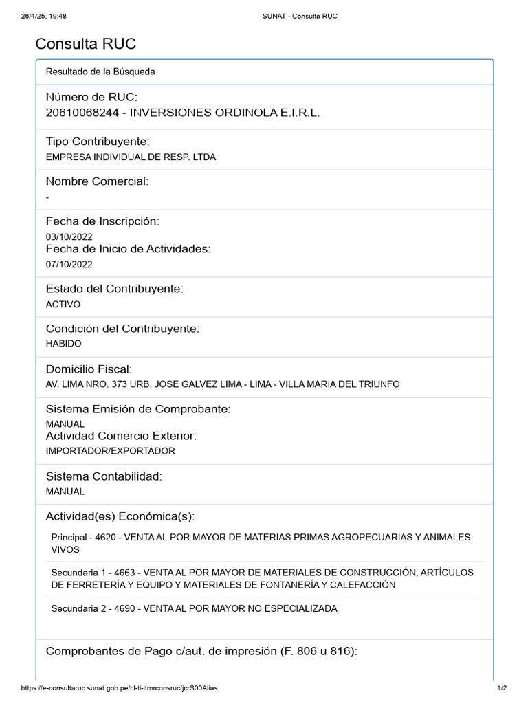 SUNAT - Consulta RUC ordinola | PDF