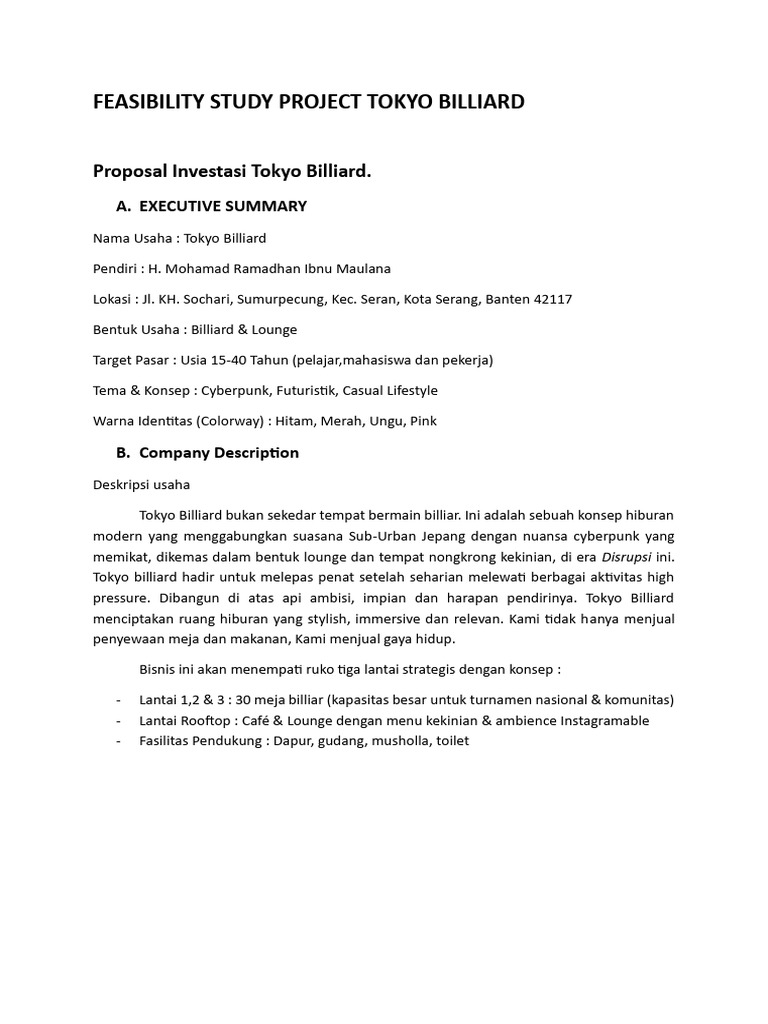 Feasibility Study Project Tokyo Billiard I | PDF