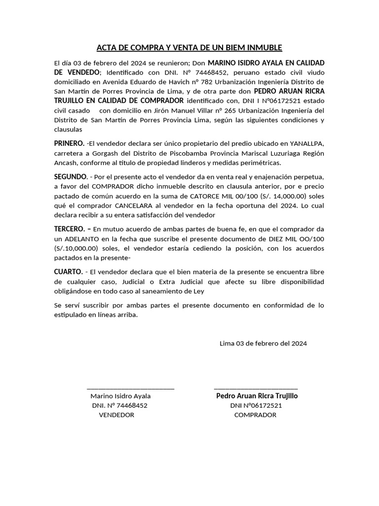 ACTA DE POSICION DE COMPRA Y VENTA de Yanallpa Pedro y Cirilo. | PDF