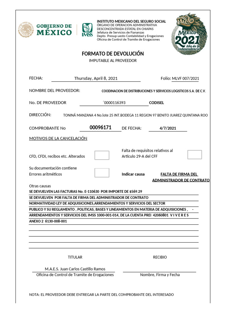 Formato de Devolucion (IMPUTABLE AL PROVEEDOR) | PDF | México | Contabilidad