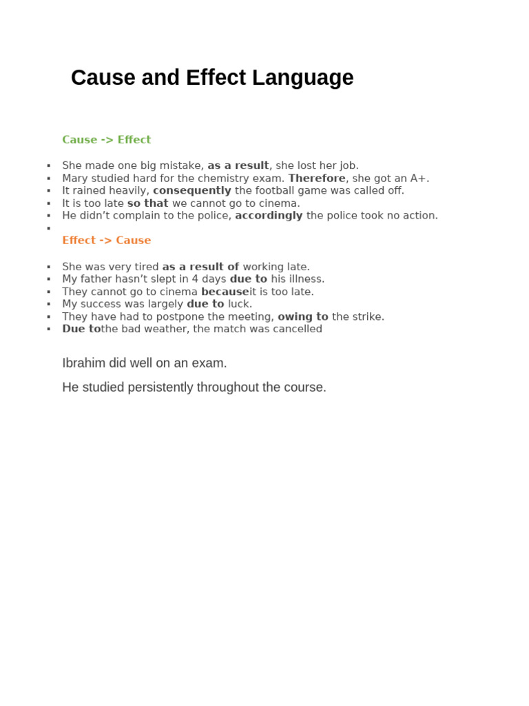 Cause and Effect Language | PDF