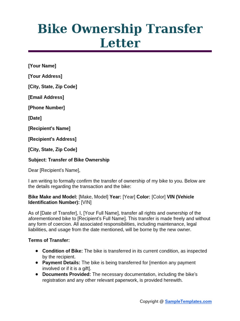 Bike Ownership Transfer Letter Template | PDF