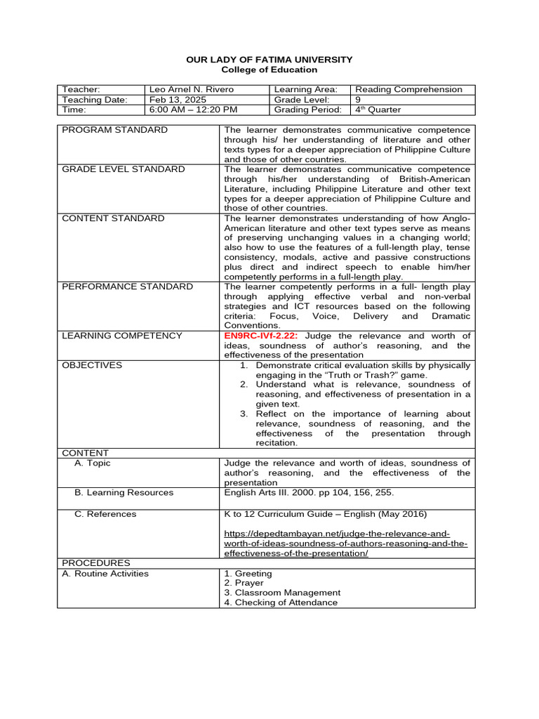 Feb-13-Daily-Detailed-Lesson-Plan-RIVERO, LEO ARNEL N. | PDF | Reason | Learning
