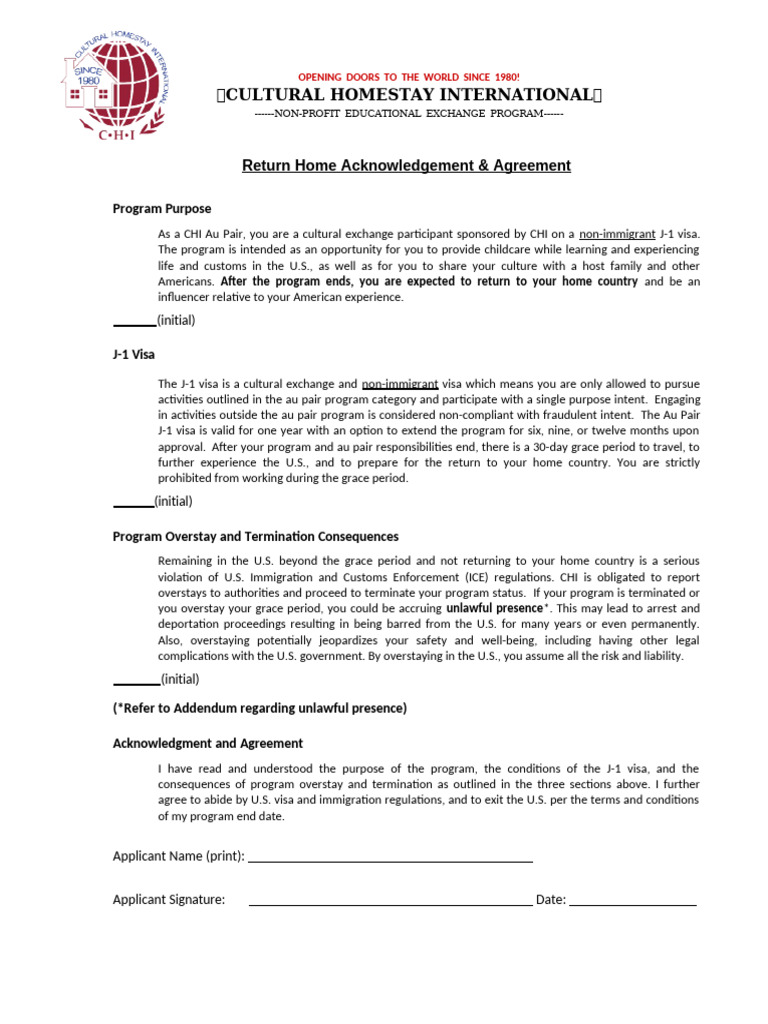 Return Home Acknowledgment and Agreement | PDF | Travel Visa | Cultural ...