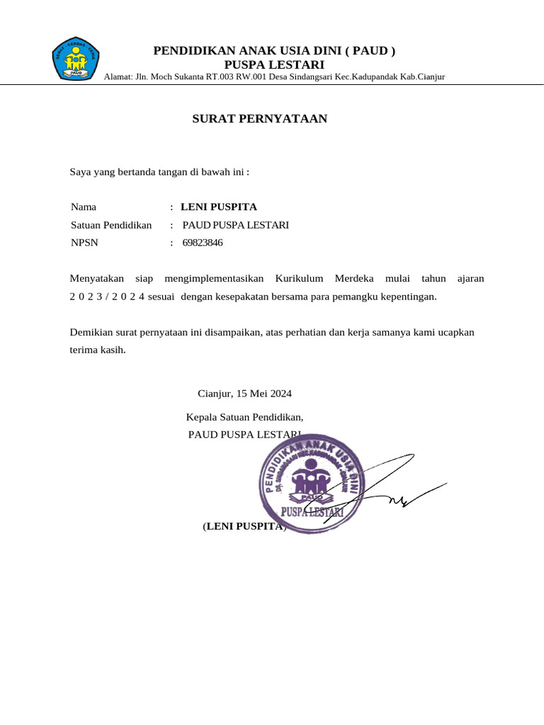 Surat Pernyataan Daftar Ikm Jenjang Paud Puspa Lestari 2024 | PDF