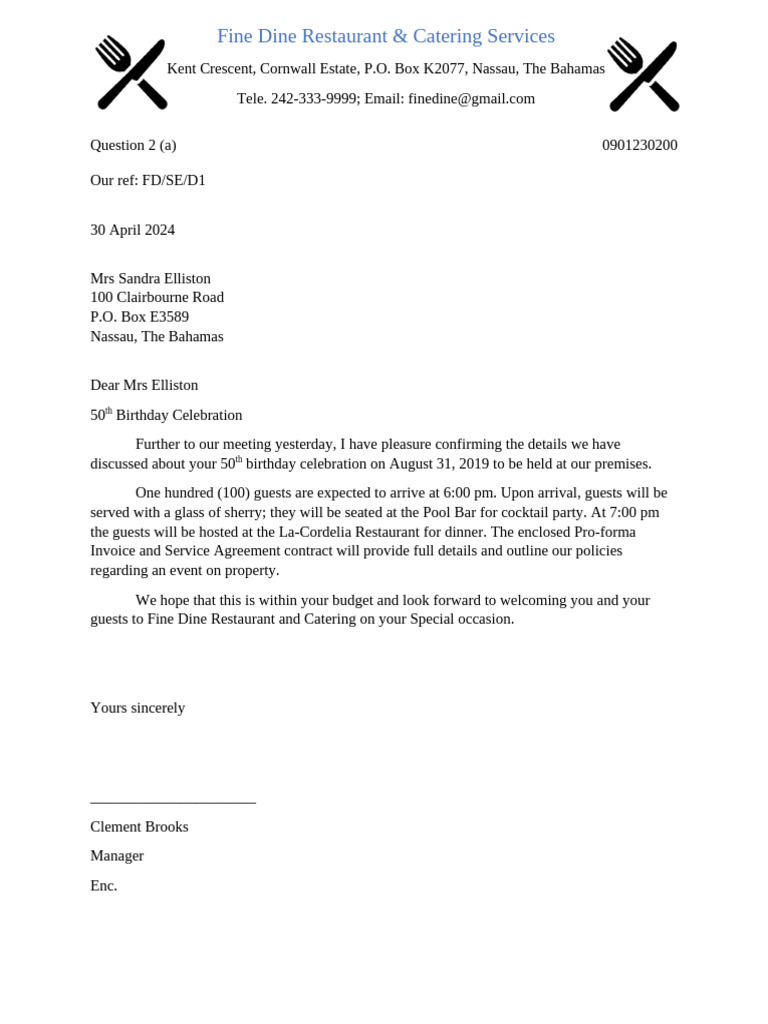 CSEC EDPM 2019 p2 - Question 2 (A) - Catering | PDF