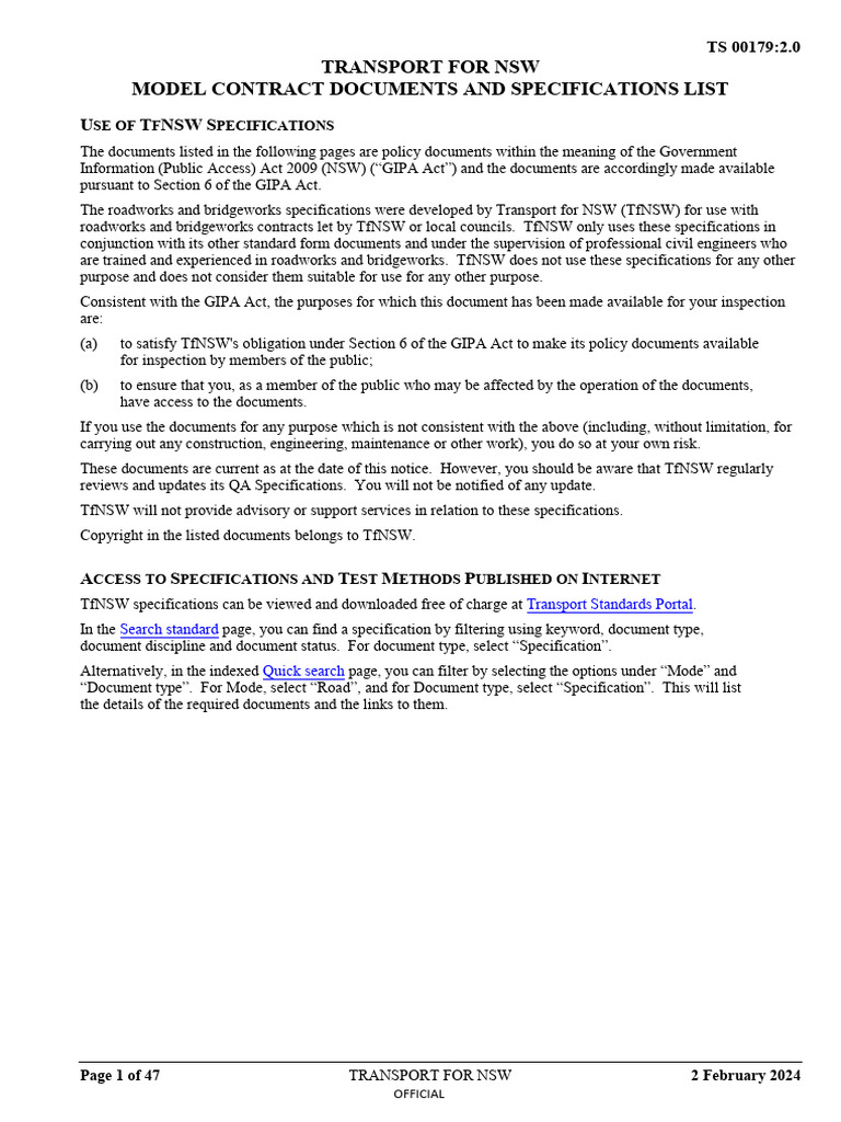 TS 00179 - 2.00 - Model Contract Document and Specification List | PDF ...