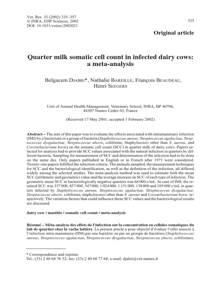 Quarter milk somatic cell count in infected dairy cows | PDF | Staphylococcus | Microbiology