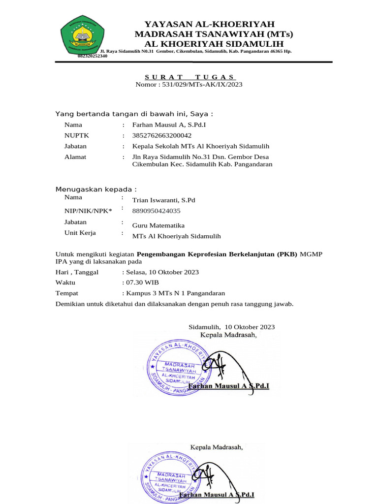 SURAT TUGAS PKB 2023 | PDF