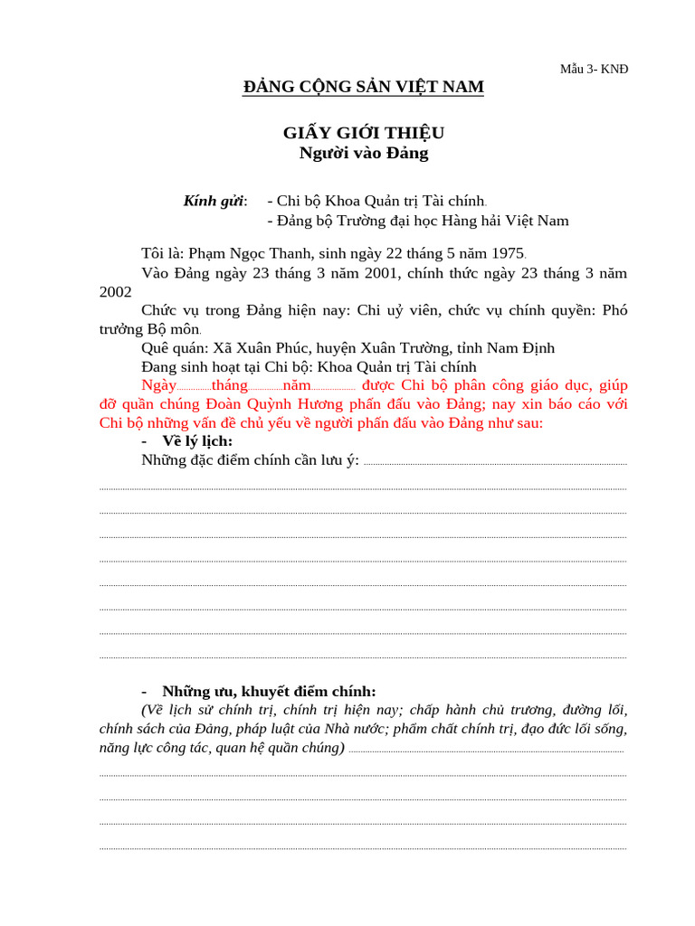 Mau 3 - Knđ - Giay Gioi Thieu Nguoi Vao Dang | PDF