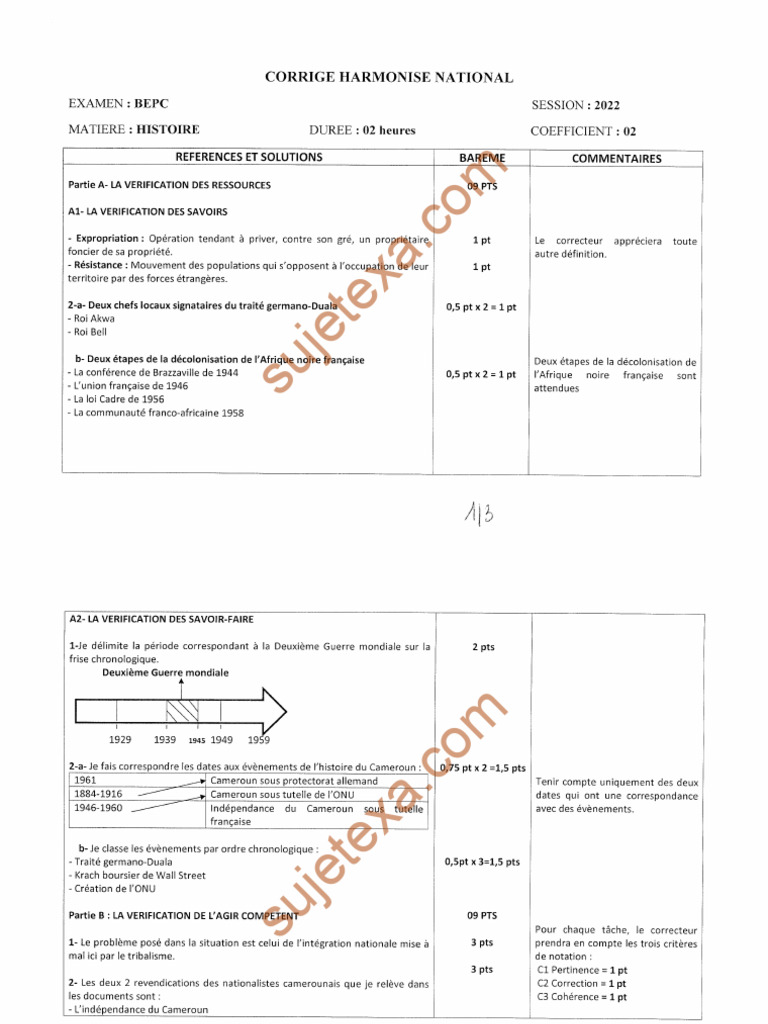 Corrigé Harmonisé National - Bepc Session 2022 Histoire Cameroun | PDF
