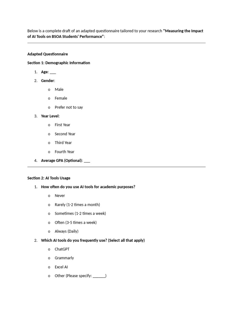 Below Is A Complete Draft of An Adapted Questionnaire Tailored To Your ...