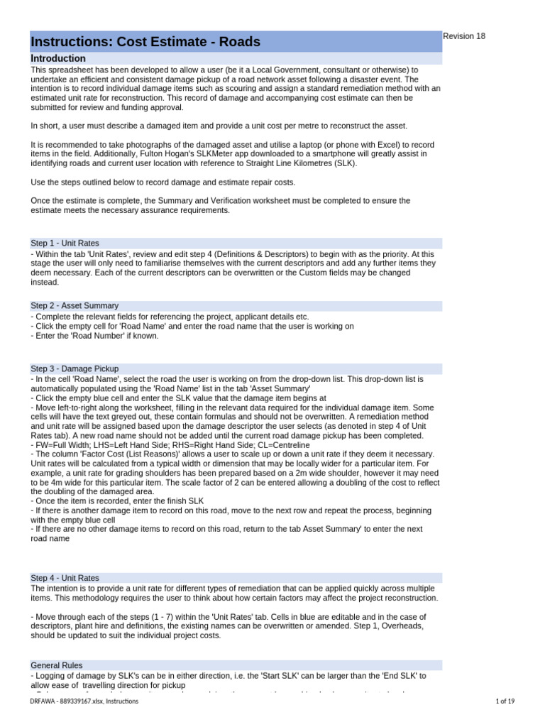 6724172eebfed8d238a35fb5_EPAR-Cost-Estimate-Template-Roads (1) | PDF ...