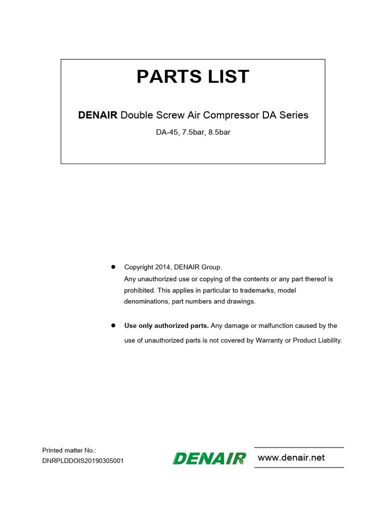 DENAIR DA Series Compressor Parts List | PDF | Gas Technologies | Equipment