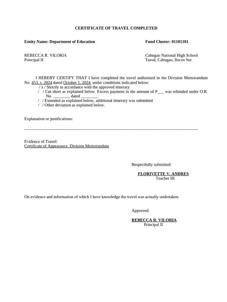 Certificate-of-Travel-Completed - STUDENT - BACK | PDF