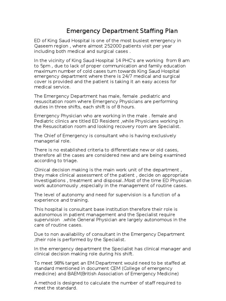 Emergency Department Staffing Plan | PDF | Emergency Department | Health Care