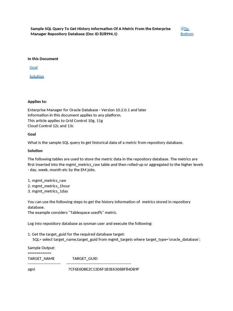 Sample SQL Query To Get History Information of A Metric From The ...