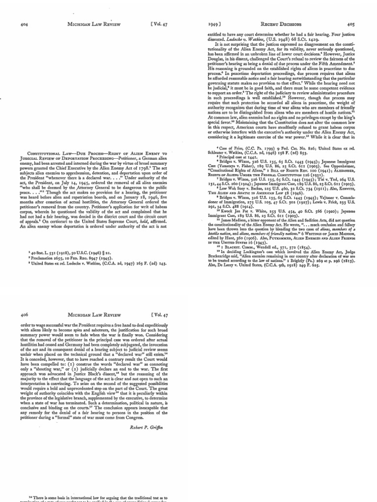 Constitutional Law-Due Process-Right of Alien Enemy To Judicial Review of Deportation Proceeding ...