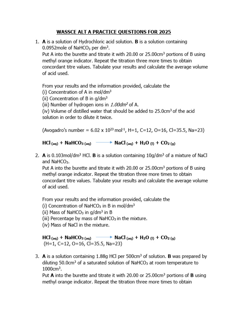 2025 WASSCE Chemistry Practical Questions | PDF | Titration | Chemistry