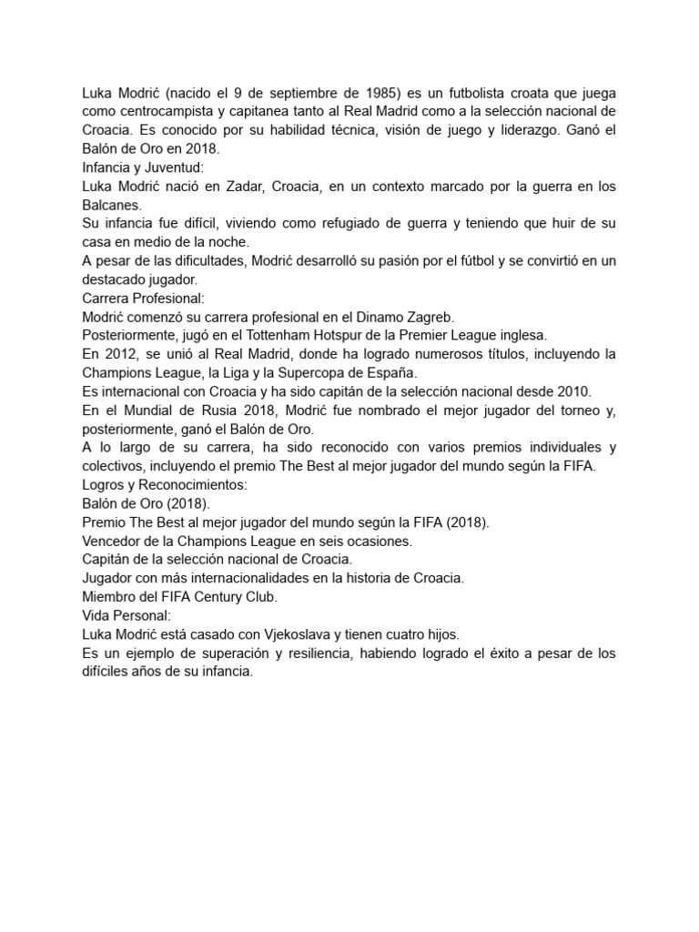 Biografía de Luka Modrić: logros y vida | PDF