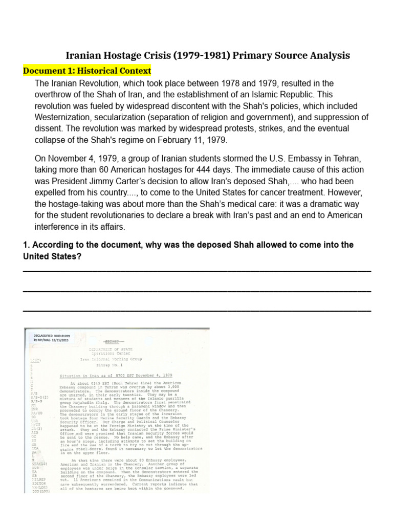 Iran Hostage Crisis Primary Source Analysis | PDF | Mohammad Reza ...