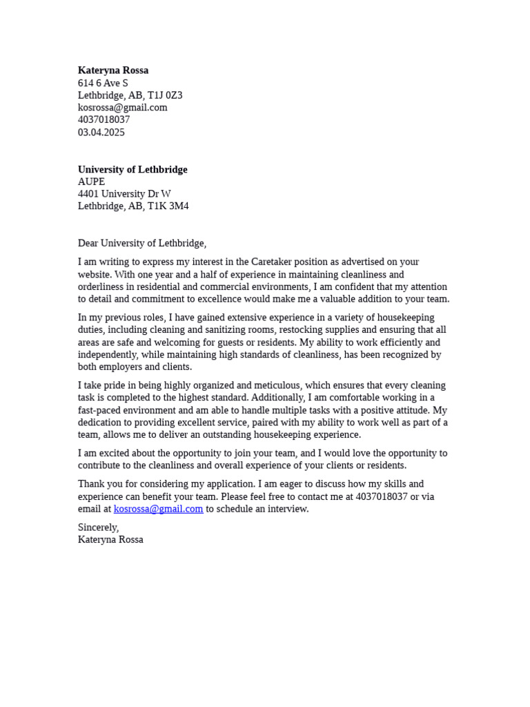 Caretaker Position Application Letter | PDF