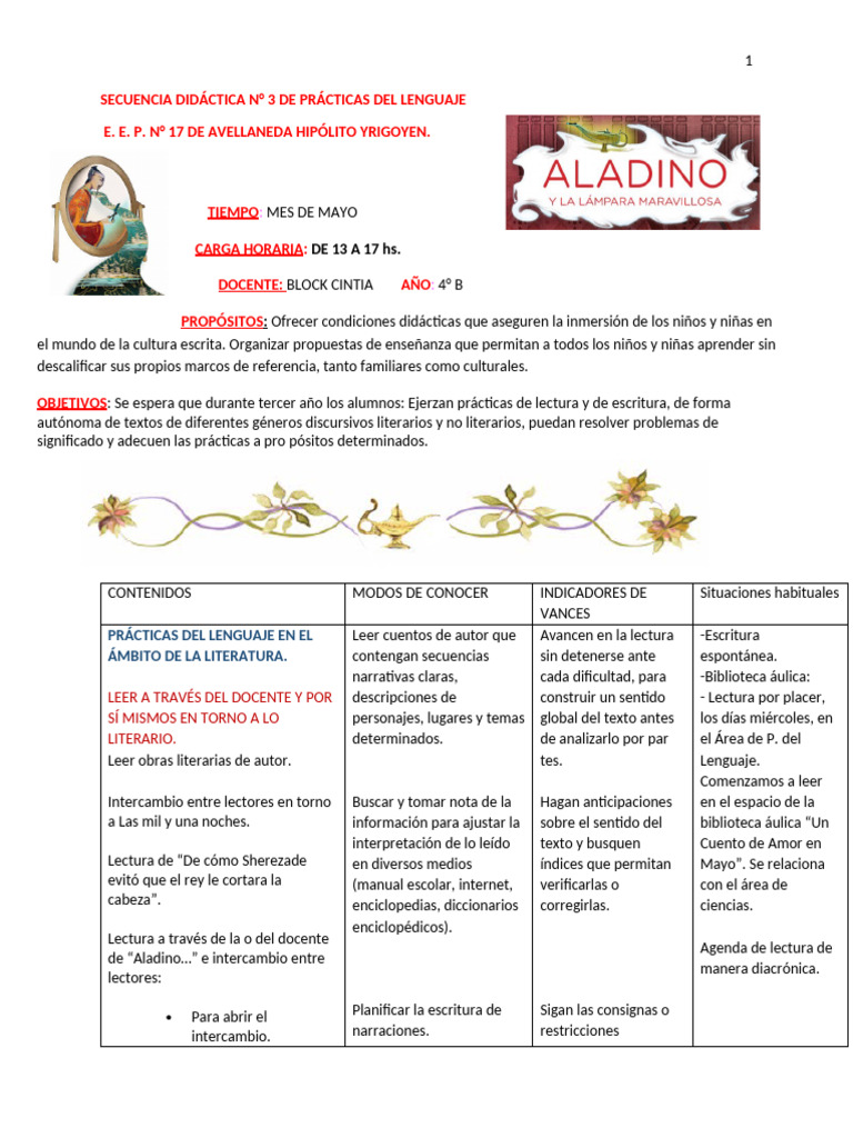Sec. Did. #3 Mayo Aladino 4B | PDF | Cuentos | Puntuación