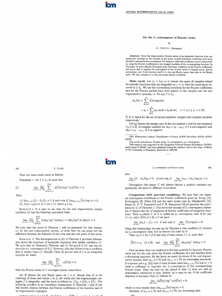 On The L 1 Convergence of Fourier S | PDF
