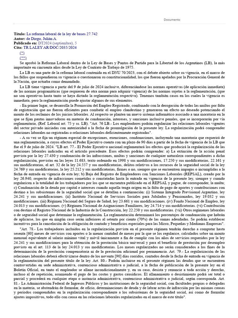 La reforma laboral de la ley de bases 27.742 | PDF | Derecho laboral | Discriminación