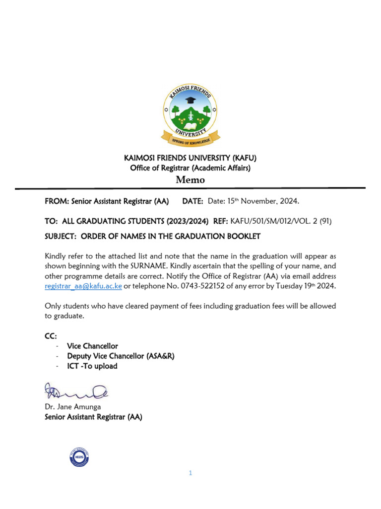 Memo To Order of Names in Booklet | PDF