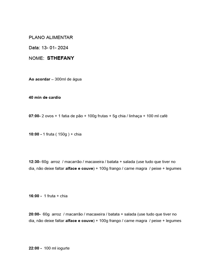 Plano Alimentar Personalizado para Sthefany | PDF