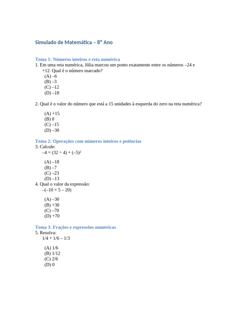 Simulado de Matemática 8º Ano: Questões e Gabarito | PDF | Matemática ...